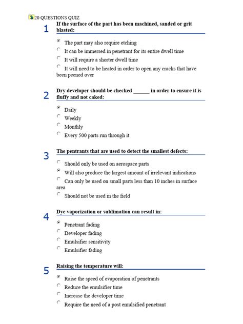 Liquid Penetrant Inspection 20 35 Question Quiz Pdf Industrial Processes Materials
