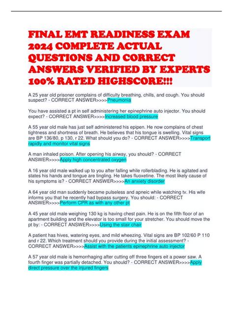 FINAL EMT READINESS EXAM 2024 COMPLETE ACTUAL QUESTIONS AND CORRECT ANSWERS VERIFIED BY EXPERTS