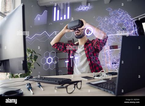 Creative Photo Banner Collage Of Young Engineer Man Simulation Finance System Wear Headset