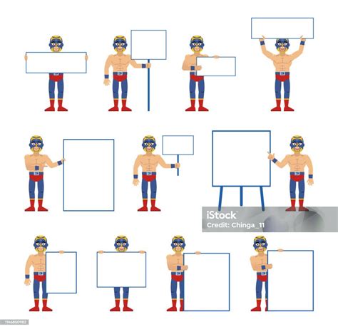 다른 빈 배너 포즈 마음이 문자의 큰 세트 페이퍼 포스터 플 라 카드를 들고 있는 명랑 한 레슬링 선수 화이트 보드를 가리킵니다