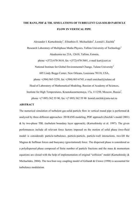 pdf the rans pdf and tbl simulations of turbulent gas solid particle
