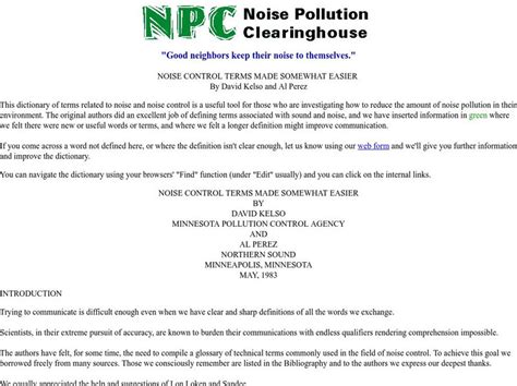 Npc Dictionary Of Noise Control Handout For 9th 10th Grade Lesson