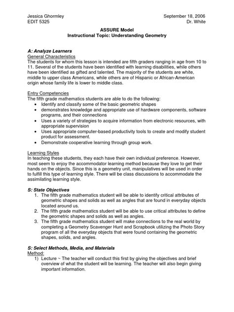 Example Of Assure Model Understanding Geometry Pdf Learning