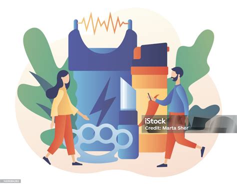 자기 방어 상점 도적과 훌리건에 맞서 무장하는 작은 사람들 감전 후추 스프레이 황동 너클 칼 현대 평면 만화 스타일입니다 흰색