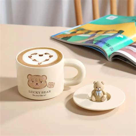 1pc 귀여운 곰 커피 머그잔 뚜껑 포함 338ml 11 4oz 세라믹 커피 컵 귀여운 카와이 물컵 여름 겨 temu