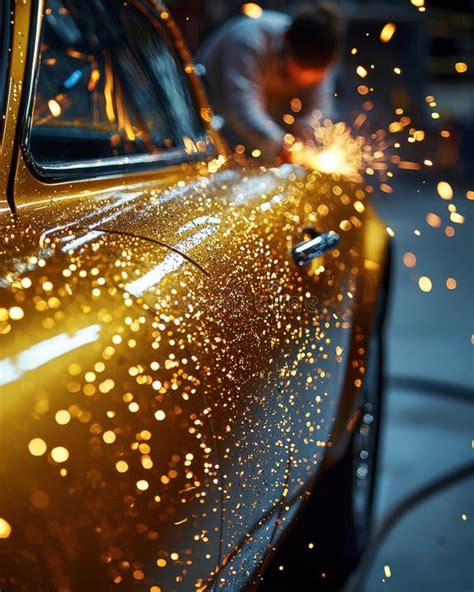 Skilled Worker Welding A Shiny Golden Car With Sparks Flying Around
