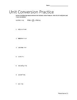 Unit Conversion Practice Worksheet By PHYSICS SOURCE TPT