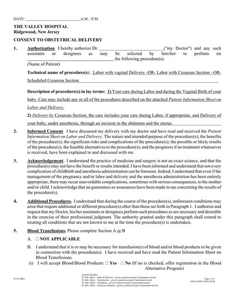 Obstetrical Delivery Consent Form Valley Hospital