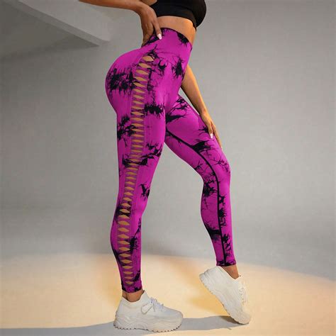 Lulshou Womens Yoga Pants Fashion Hollow Tie Dyed High Waist And Hip