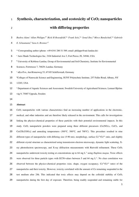Pdf Synthesis Characterization And Ecotoxicity Of Ceo2 Nanoparticles With Differing Properties