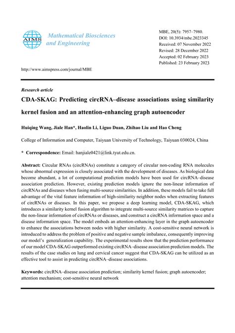 Pdf Cda Skag Predicting Circrna Disease Associations Using