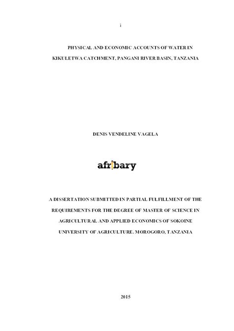 Physical And Economic Accounts Of Water In Kikuletwa Catchment Pangani River Basin Tanzania