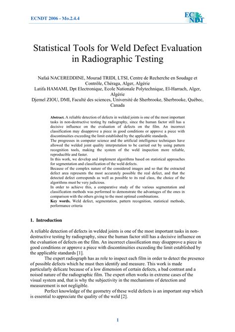 Pdf Statistical Tools For Weld Defect Evaluation In Radiographic Testing