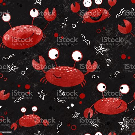 어두운 배경에 붉은 게와 다른 요소와 원활한 패턴 만화 스타일 일러스트레이션 의류 직물 및 기타 항목에 대한 디자인 계절에 대한