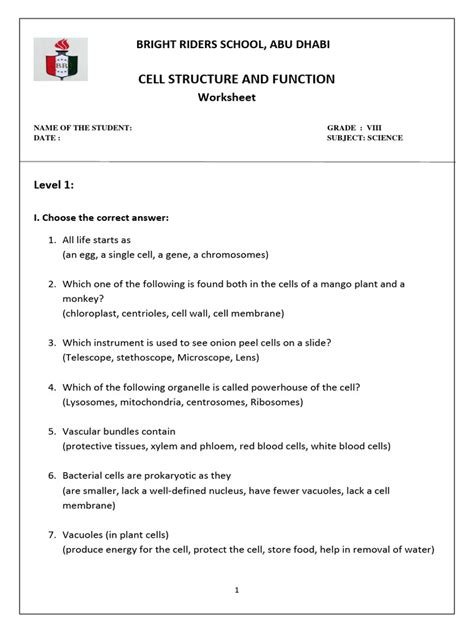 Cell Structure And Function Worksheet Pdf Cell Biology Chloroplast