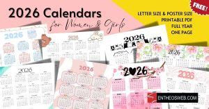 Full Year 2026 Calendar For Women And Girls Printable In One Page