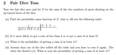 solved 2 fair dice toss toss two fair dice once and let x
