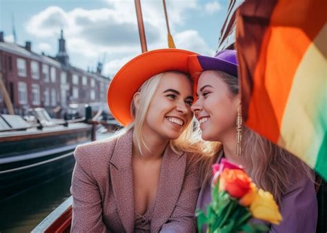Premium Ai Image Happy Lesbian Couple In A Boat In Amsterdam With