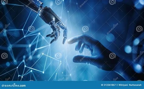 Machine Learning Hand Of Robot And Hand Human Touching On Big Data Network Connection