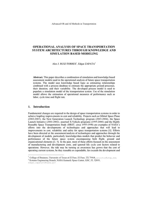 Pdf Operational Analysis Of Space Transportation System Archiectures Through Knowledge And