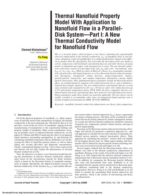PDF Thermal Nanofluid Property Model With Application To Nanofluid Flow In A Parallel Disk