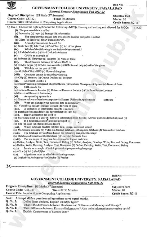 Csi 321 Introduction To Computing Applications Bs Math Gcuf Past Paper 2022 Education Hub