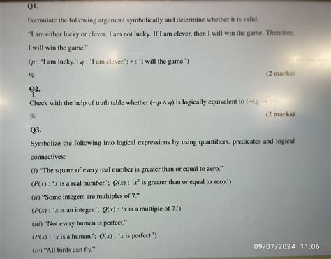 Solved Q Formulate The Following Argument Symbolically And Chegg