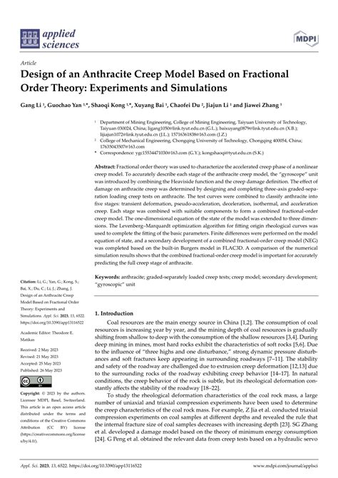 Pdf Design Of An Anthracite Creep Model Based On Fractional Order Theory Experiments And