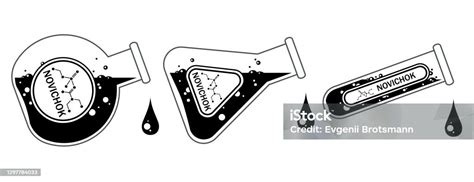 위험한 독액 방울을 붓는 다양한 형태의 화학 유리 플라스크 니부톡이 표시된 라벨 화학 무기 산 또는 독 흑백 라인 아트