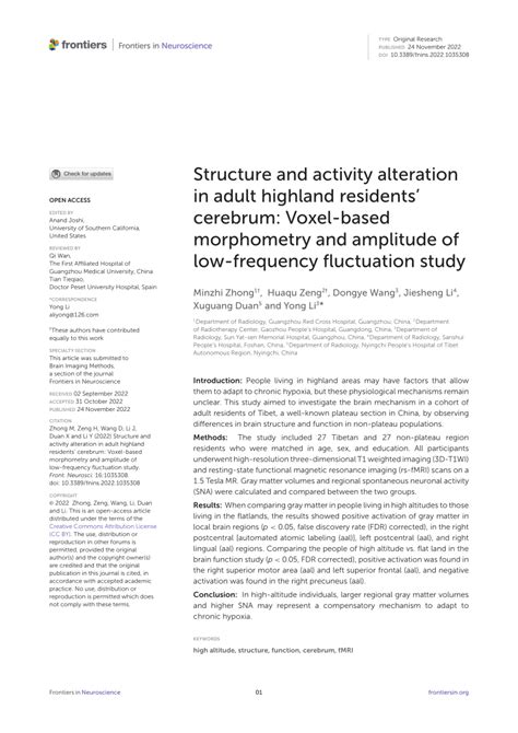 Pdf Structure And Activity Alteration In Adult Highland Residents Cerebrum Voxel Based