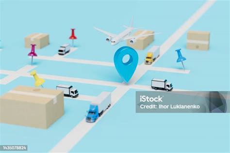 트럭과 비행기로 소포 배달 비행기 트럭 및 Gps 포인트가있는지도에 소포 3d 렌더링 0명에 대한 스톡 사진 및 기타 이미지