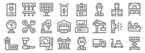 산업 공정 라인 아이콘 선형 집합입니다 가위 리프트 트럭 크레인 컨트롤 타워 사이렌 드릴 스톡 프레스 머신 컨베이어 와 같은 품질 벡터 라인 세트 강철에 대한 스톡 벡터