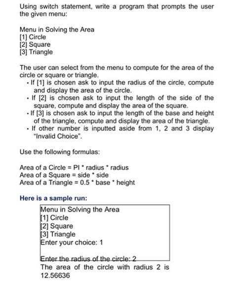 solved using switch statement write a program that prompts
