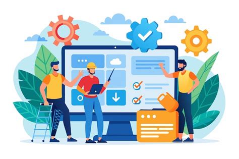 premium vector group of people analyzing data on computer screen