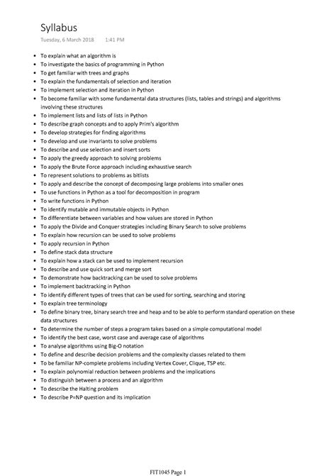 Fit1045 Lecture Notes 1 8 Syllabus Tuesday 6 March 2018