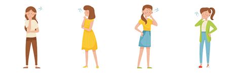 젊은 여자 생각 서 있는 와 어리둥절한 얼굴 와 물음표 벡터 세트 걱정하는에 대한 스톡 벡터 아트 및 기타 이미지 걱정하는