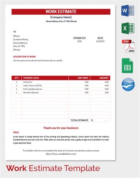 Editable Business Estimate Template Charlotte Clergy Coalition Official