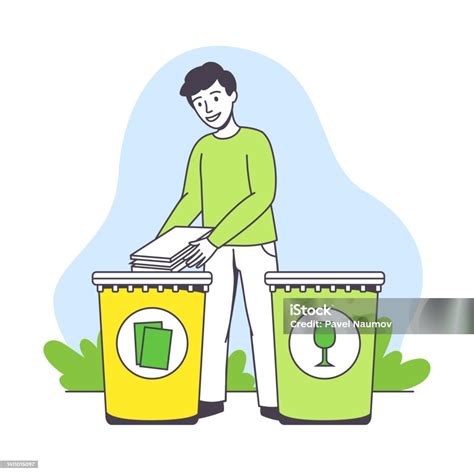 젊은 남자와 함께 생태학을 구하기 재활용 쓰레기통에 쓰레기를 넣어 녹색 행성과 자연 벡터 일러스트 레이 션을 돌보는 남자에 대한 스톡 벡터 아트 및 기타 이미지 Istock