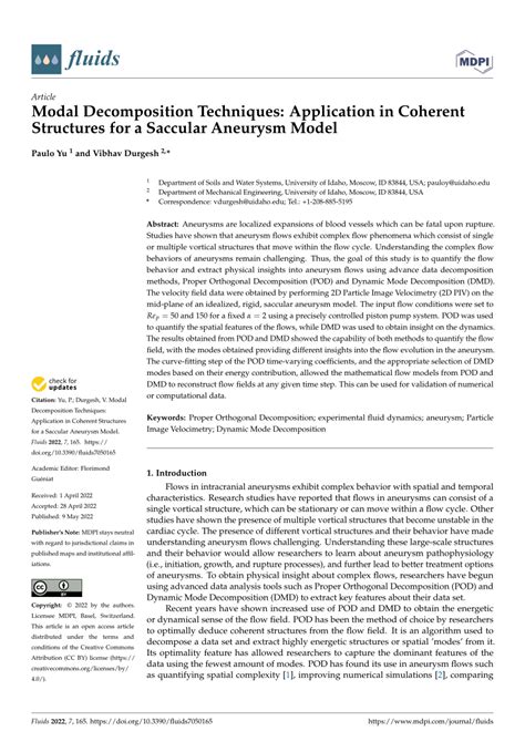 Pdf Modal Decomposition Techniques Application In Coherent Structures For A Saccular Aneurysm