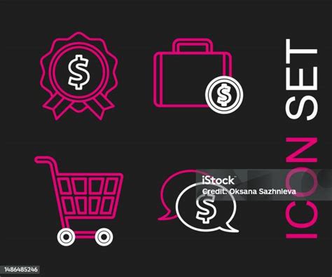 달러 장바구니 서류 가방 돈 가격표 아이콘으로 라인 말풍선을 설정합니다 벡터 가방에 대한 스톡 벡터 아트 및 기타 이미지 가방 구매 기포 Istock