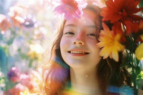 Rainbow Light Happy Girl Flowers Free Photo Rawpixel