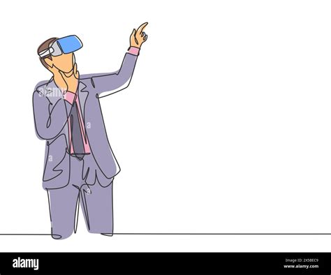 One Single Line Drawing Of Young Serious Businessman Thinking Watching Visual Simulation On