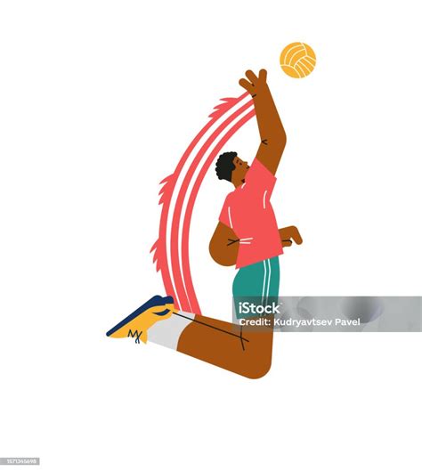 배구 선수 흑인 남자가 점프하고 공을 치기 위해 손을 들어 올리고 빨간색 모션 라인이 있는 게임 벡터 일러스트레이션 Championship에 대한 스톡 벡터 아트 및 기타