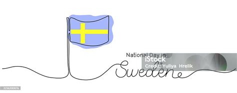 깃발의 한 선 그리기 스웨덴의 국경일 단어는 연속적인 예술 스타일입니다 흰색 배경에 문구의 미니멀리스트 블랙 그림 손으로 그린 견적 편집 가능한 획 손으로 쓴 스크립트 개요