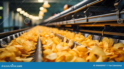 Optimizing Assembly Line Efficiency Packaging Crispy Potato Chips On A Moving Conveyor Belt