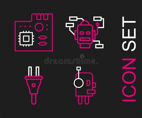 Set Line Robot Electric Plug And Motherboard Digital Chip Icon