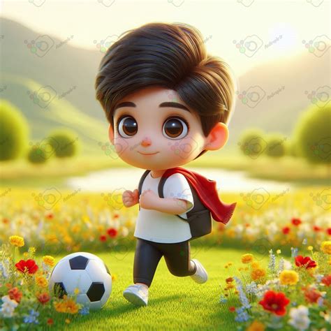 بک گراند کودکانه پسر کوچولوی فوتبالیست در حال دویدن در دشت گلها کد
