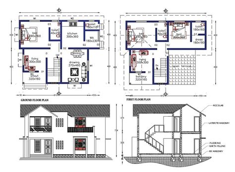 Housing Building Structure Detail Plan Elevation And Section 2d View Dwg File Artofit