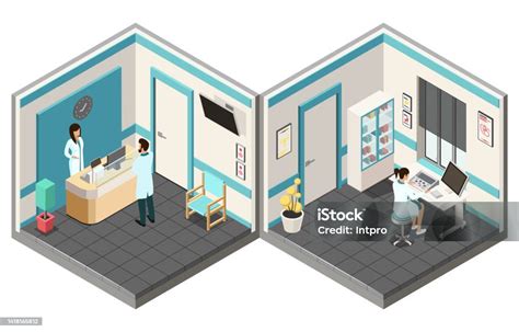 건강 관리 및 의학의 개념 의사 캐비닛 사무실 인테리어와 현대 의료 리셉션 인턴 류마티스 전문의 위장병 학자 또는 일반 개업의 아이소메트릭 3d 벡터 일러스트 레이 션