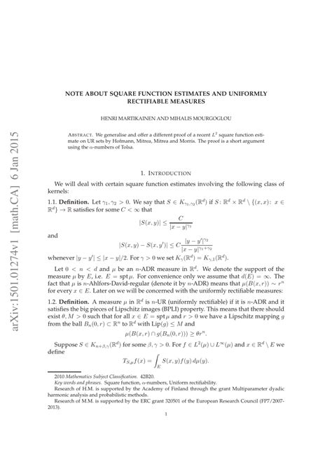 Pdf Note About Square Function Estimates And Uniformly Rectifiable Measures